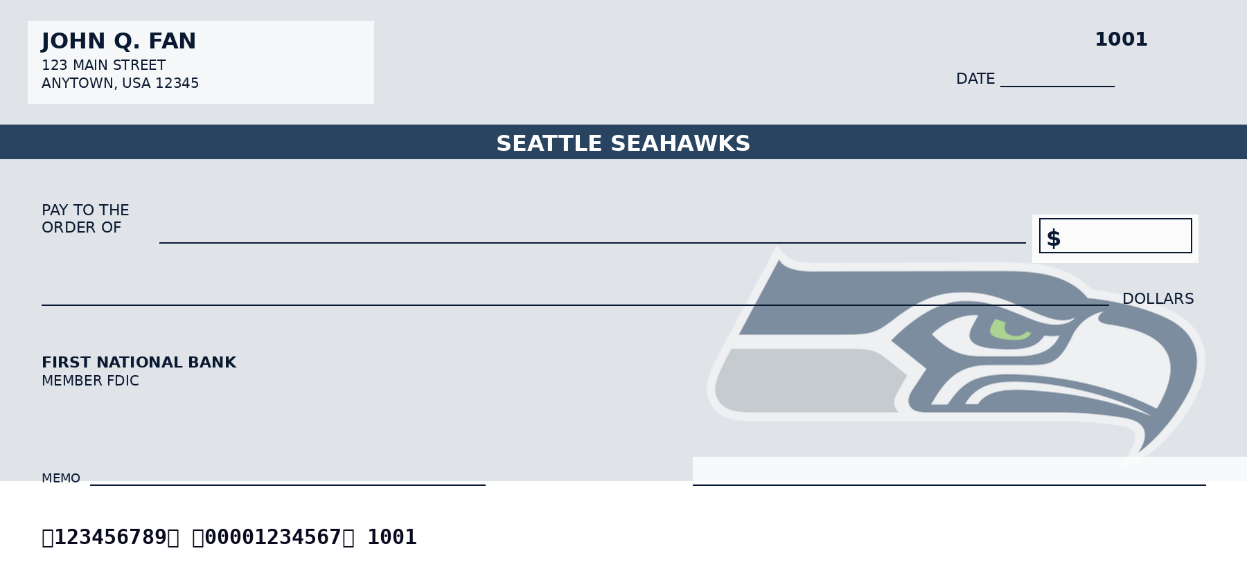 Order Seattle Seahawks Checks - NFL Football Check Designs